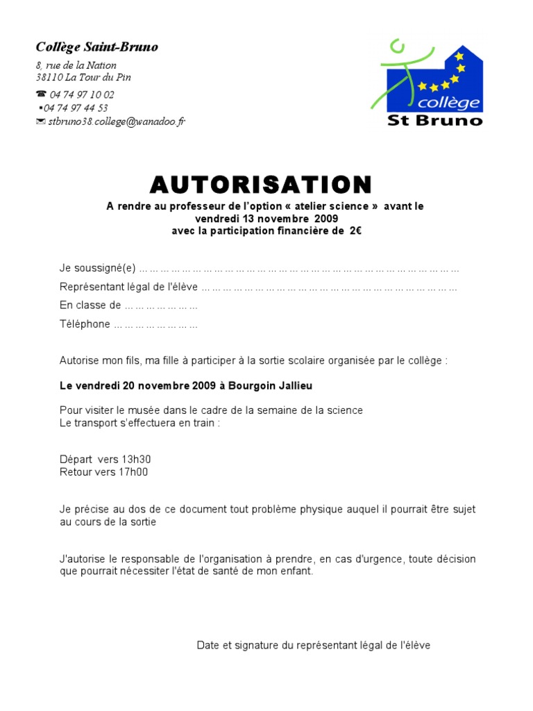 Extraire fosse bord autorisation de sortie à imprimer Pèlerin Obligatoire éducation