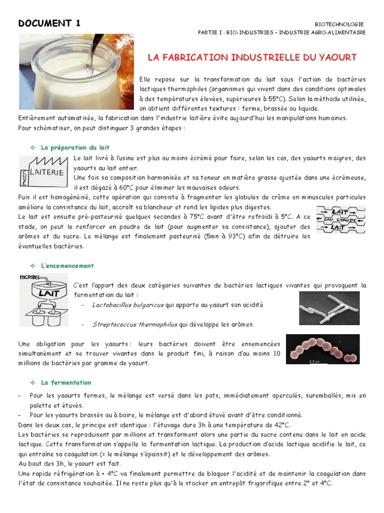 DOC1 La Fabrication Industrielle Du Yaourt | PDF | Yaourt | Produits ...