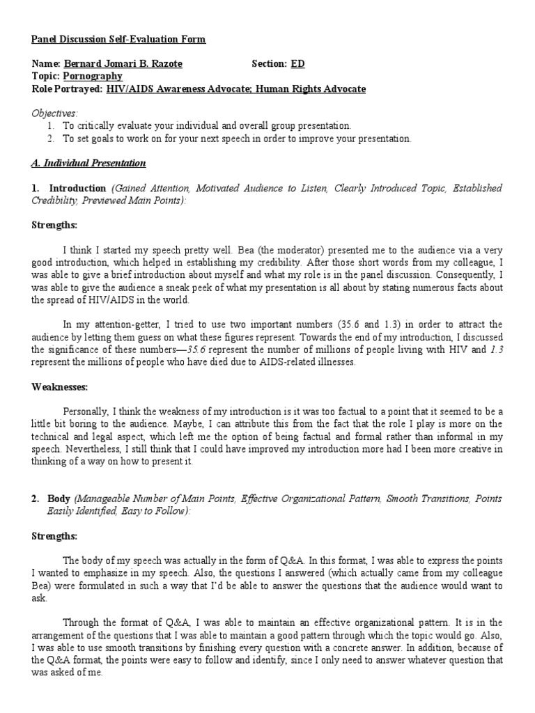 Panel Discussion Self Evaluation Form | PDF | Semiotics | Communication