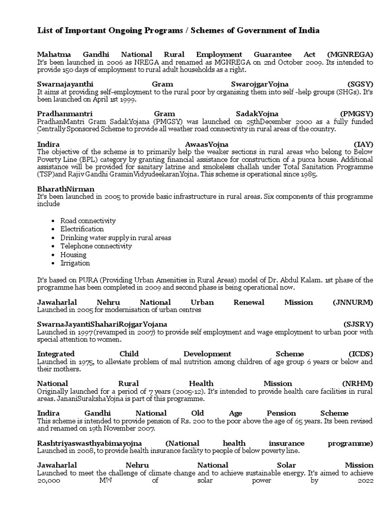 List of Important Ongoing Programs | PDF | Social Programs | Rural ...