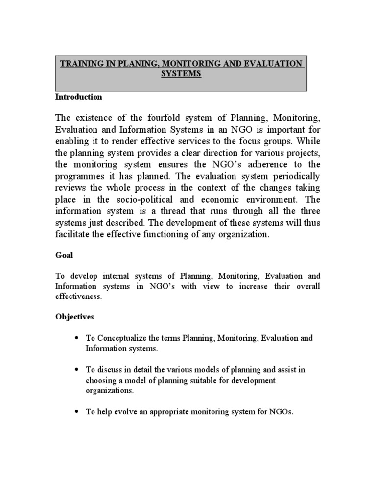Training in Planing, Monitoring and Evaluation Systems | PDF | Non ...