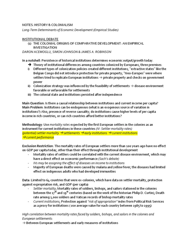 Colonial Origins of Comparative Development (AJR) Summary | PDF ...