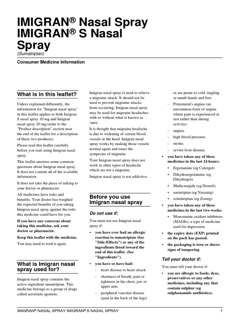 Imigran Nasal Spray Imigran S Nasal Spray: What Is in This Leaflet ...