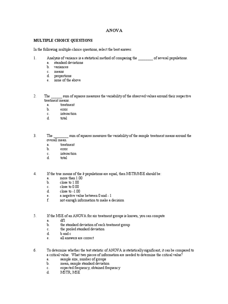 ANOVA Multiple Choice Questions | PDF | Analysis Of Variance ...