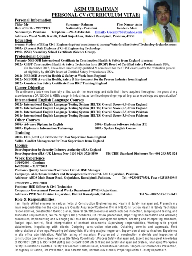 Asim CV | PDF | Occupational Safety And Health | Quality Assurance