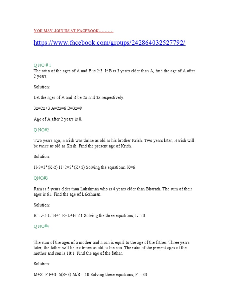 Age Questions | PDF | Equations | Mathematical Objects