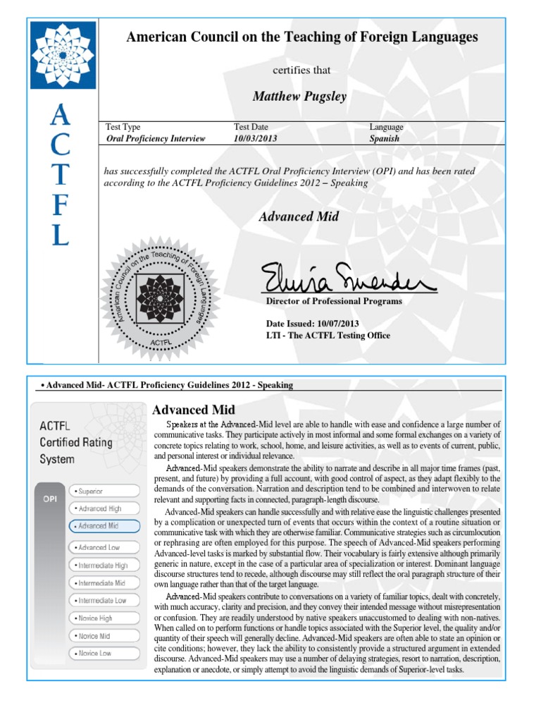Actfl Opi Certificate | Conversation | Linguistics