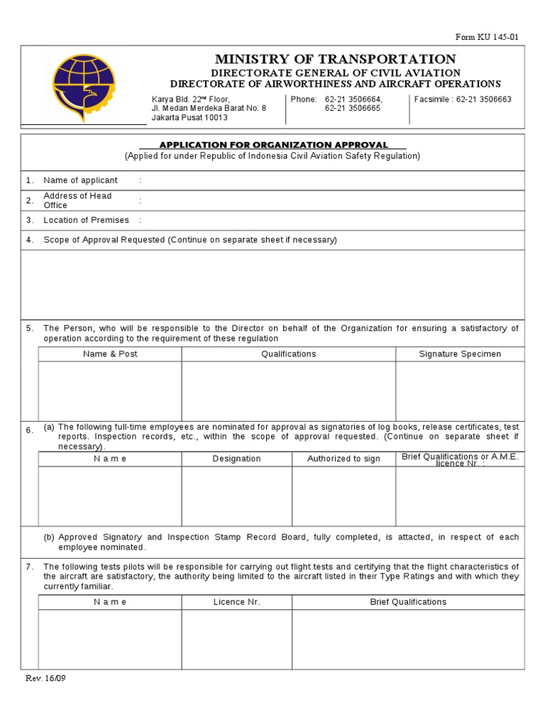 Form 145-01 - Application For Organization Approval | Aviation ...