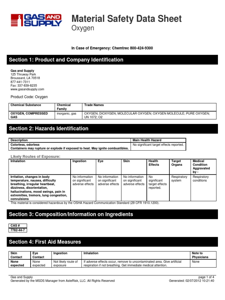 Material Safety Data Sheet: Oxygen | PDF | Flammability | Oxygen