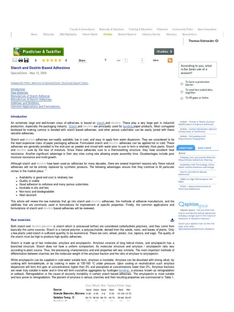 Starch and Dextrin Based Adhesives - Article | PDF | Starch | Adhesive