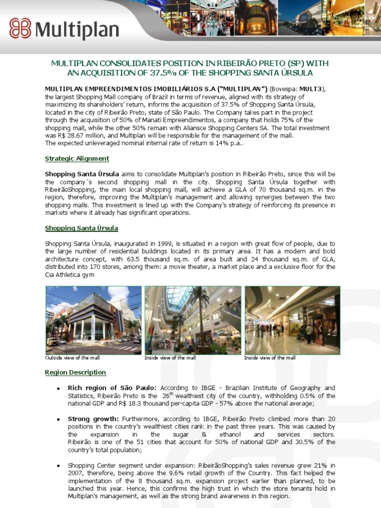 Multiplan Acquires 37.5% of Santa Úrsula | PDF | Shopping Mall ...