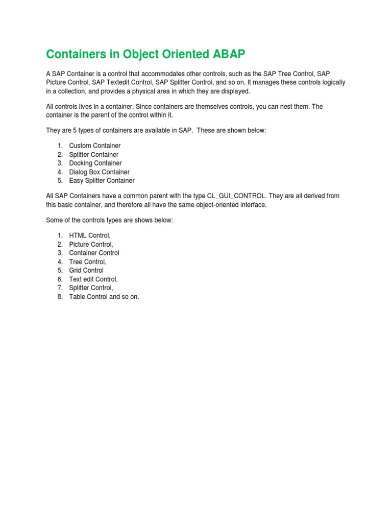 SR - Containers in Object Oriented ABAP | PDF | Subroutine | Object Oriented Programming