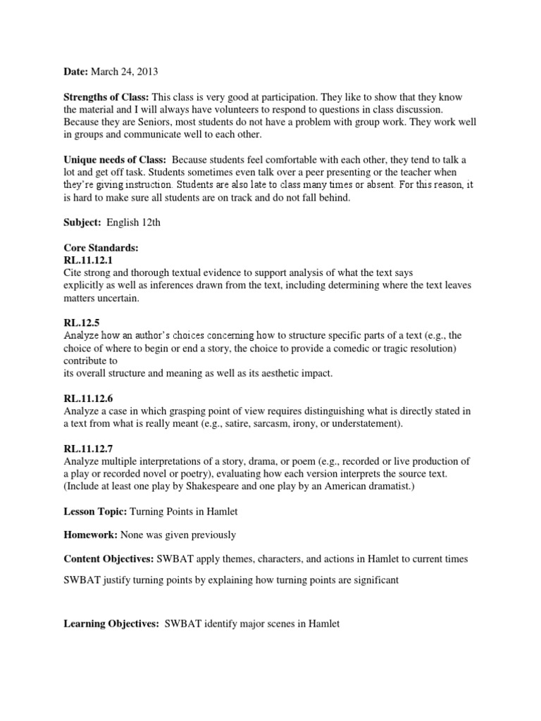 Lesson Plan For Hamlet Turning Points | PDF | Hamlet | Play (Theatre)