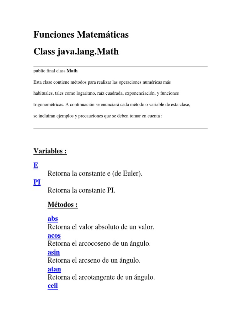 Funciones Matemáticas JAVA Java - Lang.math | PDF | Seno | Logaritmo