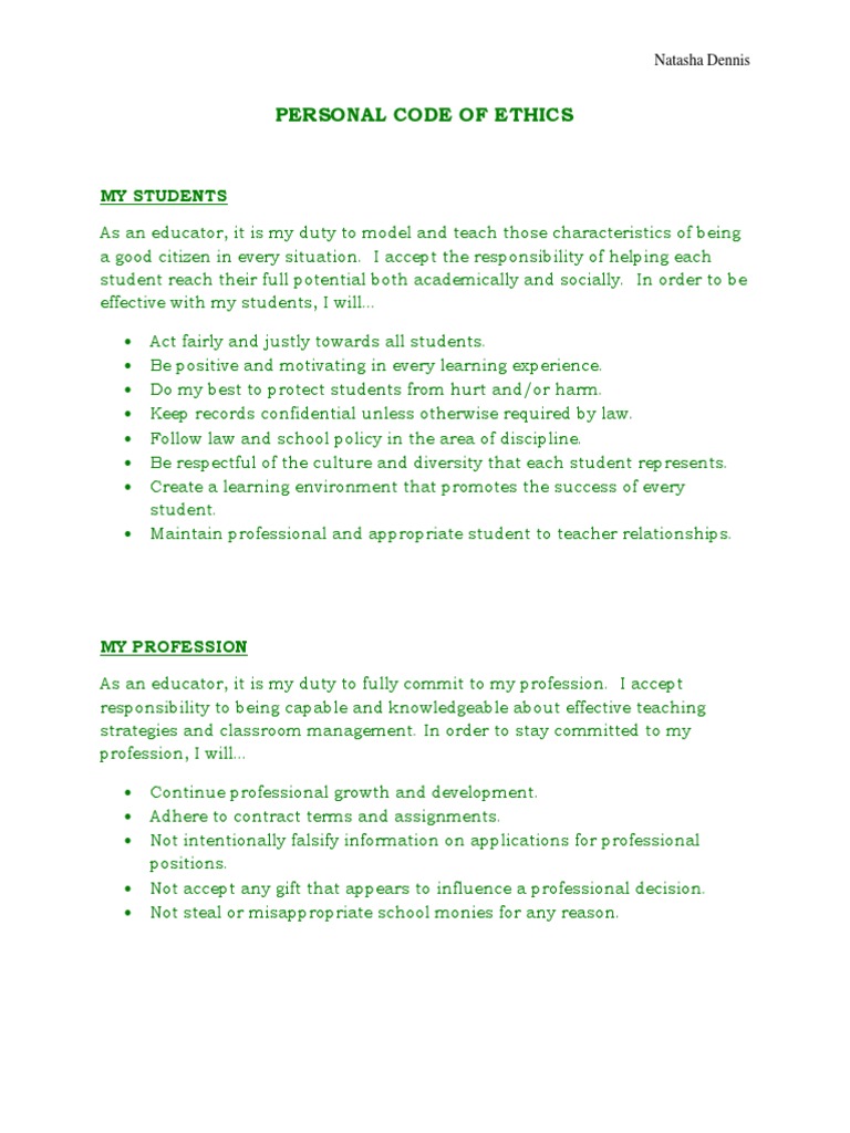 Personal Code of Ethics | PDF | Teachers | Communication