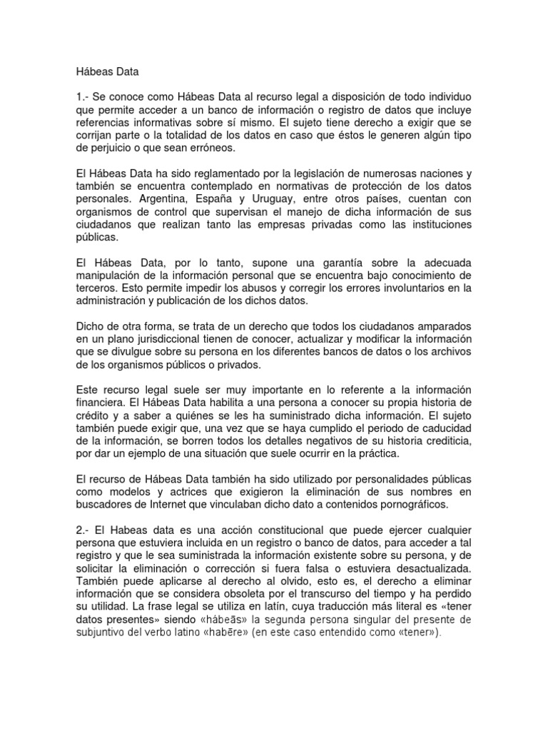 Derecho de Hábeas Data y Protección de Datos | PDF | Información del ...