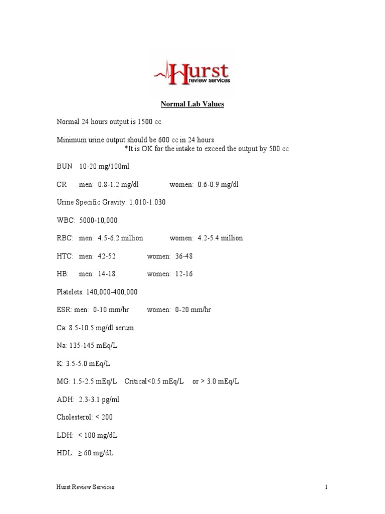 Normal Lab Values | PDF