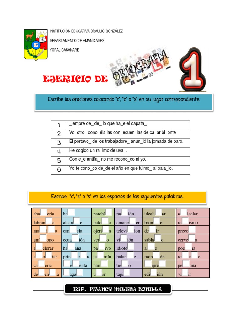 Taller # 1 de Ortografia S, C, Z | PDF