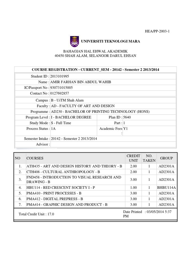 UiTM Course Registration 2014 Details | PDF