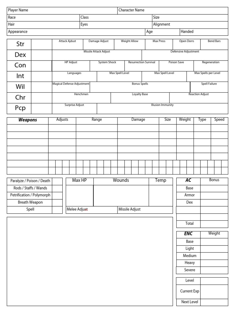 AD&D 2nd Edition Character Sheet Template | PDF