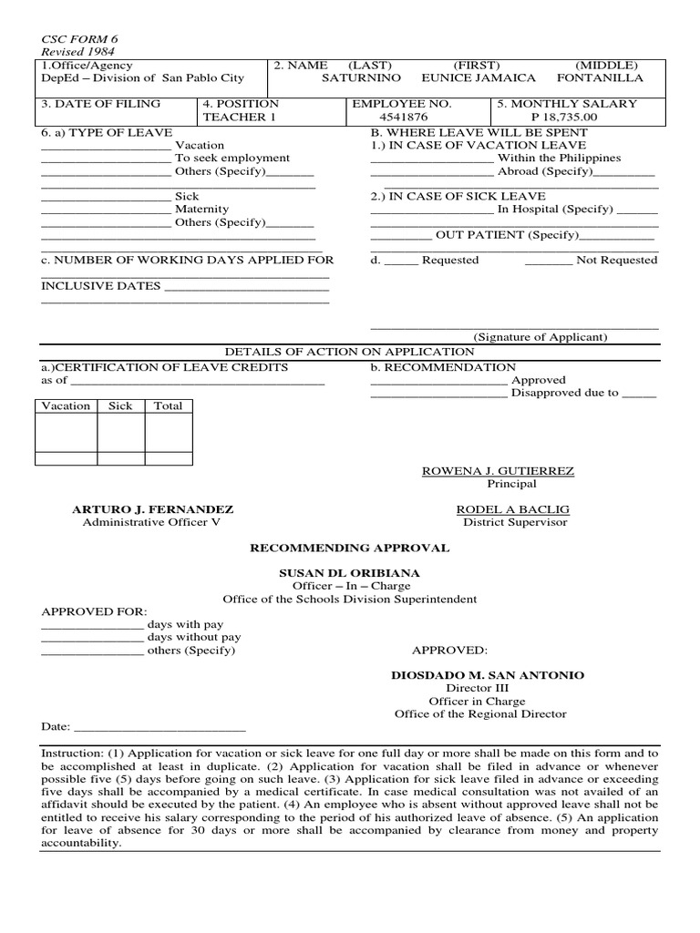 CSC FORM 6 (Leave Form) | PDF