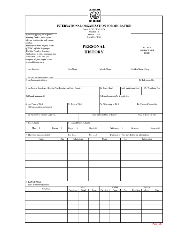 IOM Personal History Form | Arrest | Identity Document