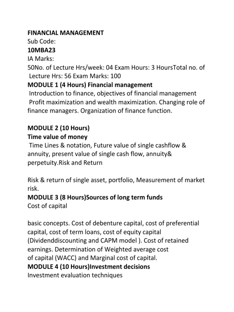 Financial Management Course Syllabus | PDF | Cost Of Capital | Economics