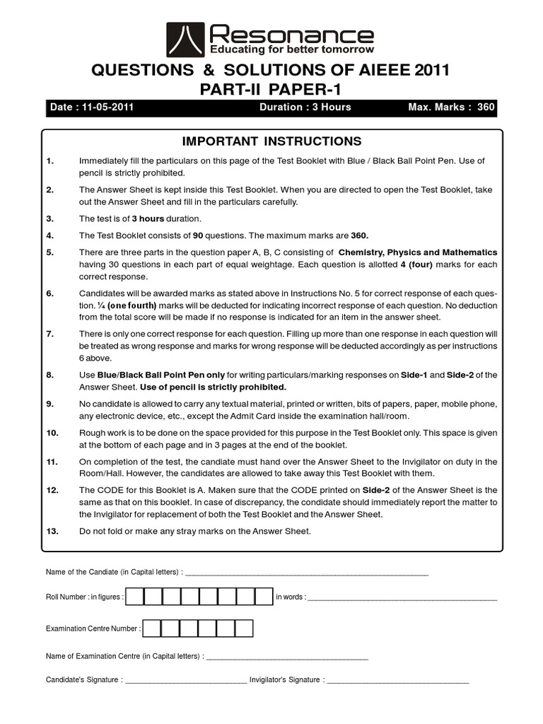 AIEEE - 2011 Online Solutions | PDF | Teaching Methods & Materials ...
