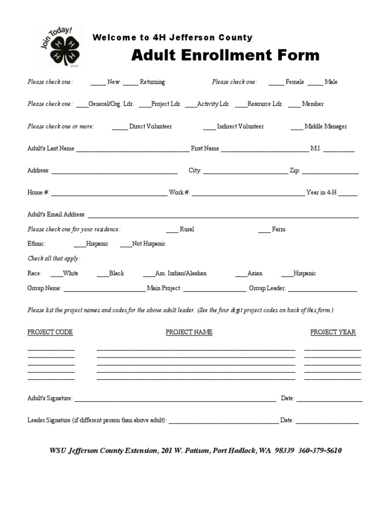4H Adult Enrollment Form | PDF | Government | Business