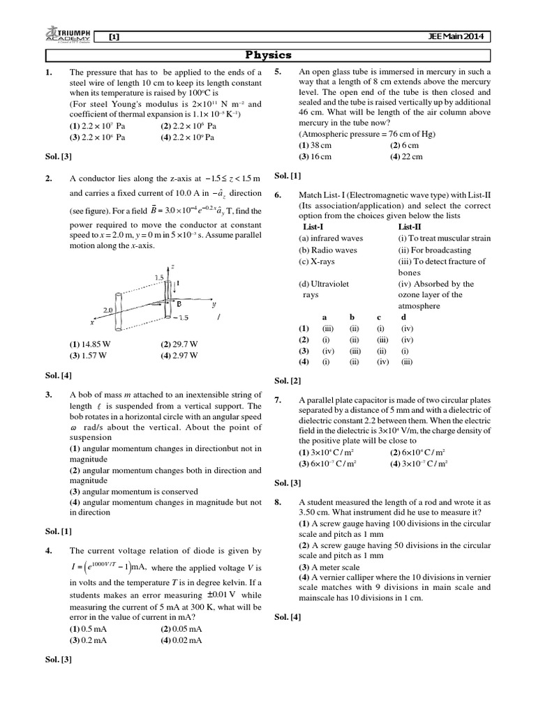 JEE Main 2014 Physics Answer Keys by Triumph Academy | PDF | Physical ...