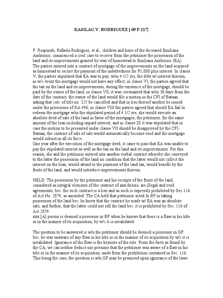 Kasilag V. Rodriguez (69 P 217 | PDF | Mortgage Law | Civil Law (Legal ...