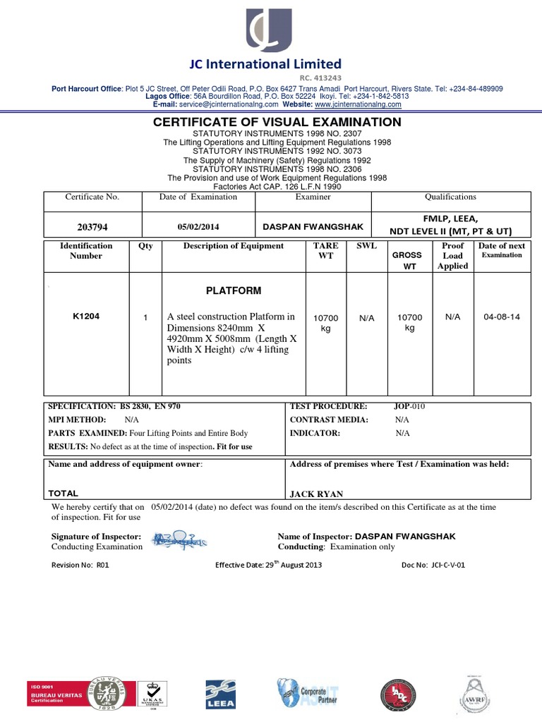 International Limited: Certificate of Visual Examination | PDF | Business