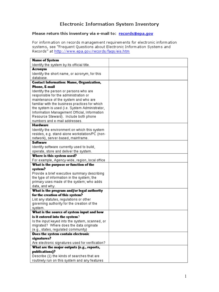 Electronic Information System Inventory: Please Return This Inventory ...