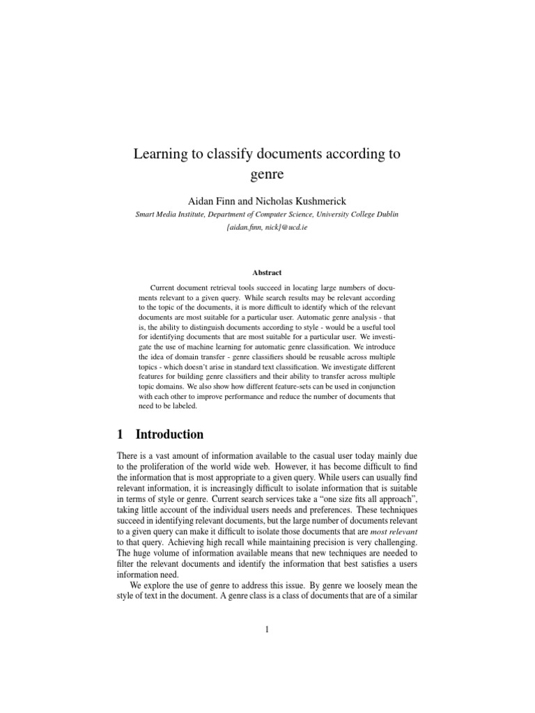 Learning To Classify Documents According To Genre: Aidan Finn and ...