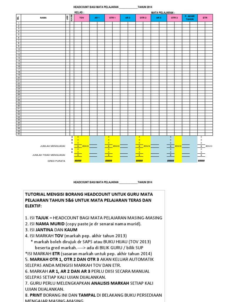 Borang Headcount Untuk Guru Mata Pelajaran | PDF