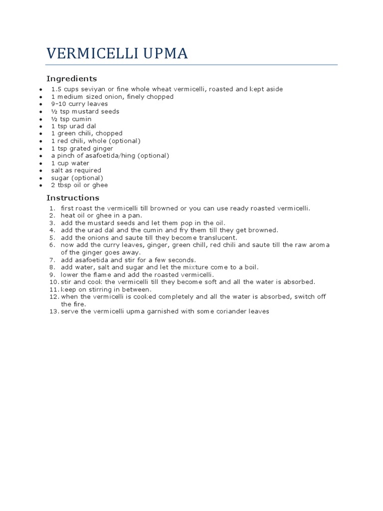Vermicelli Upma: Ingredients | PDF
