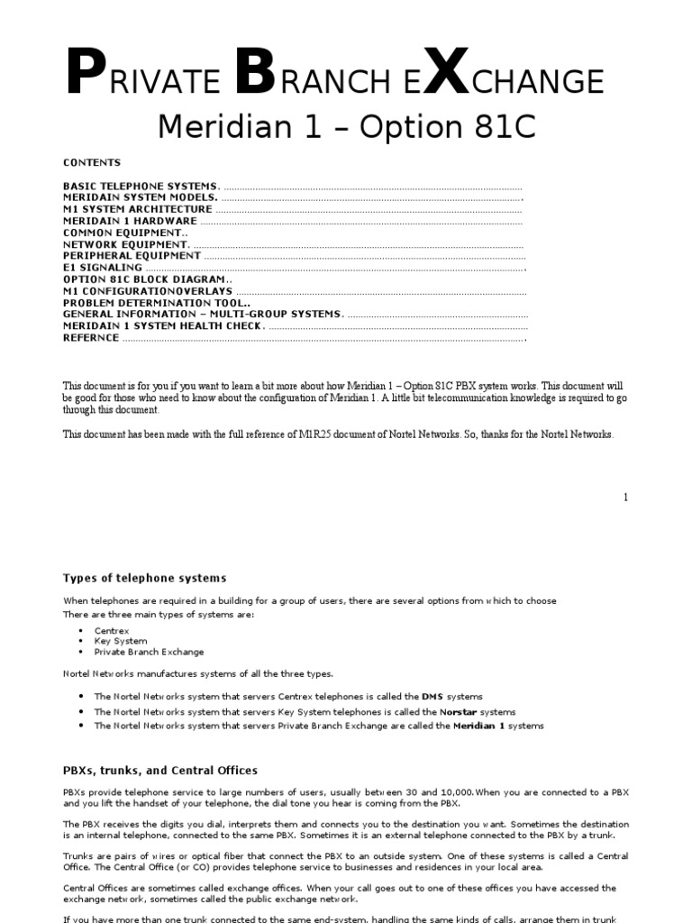 Meridian 1 Option 81C PBX Overview | PDF | Telephone Exchange | Telephone
