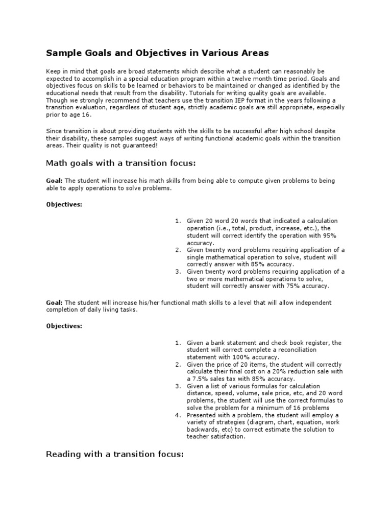 Sample Goals and Objectives in Various Areas | PDF | Reading (Process ...