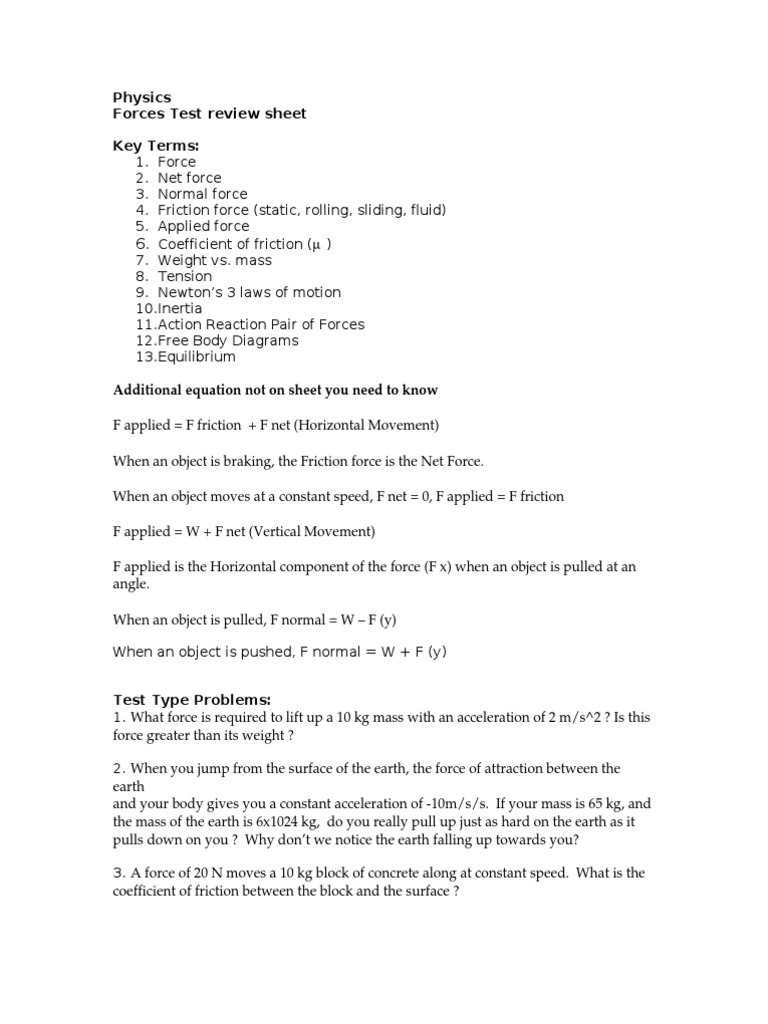 Physics Test Review Forces Pdf Friction Force