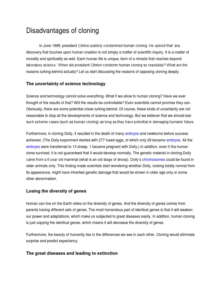 Disadvantages of Cloning | PDF | Cloning | Embryo