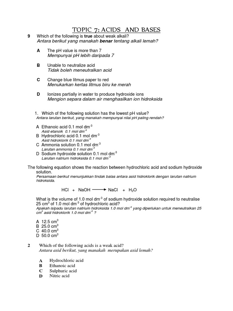 Topic 7 Acids and Bases | PDF | Ph | Sodium