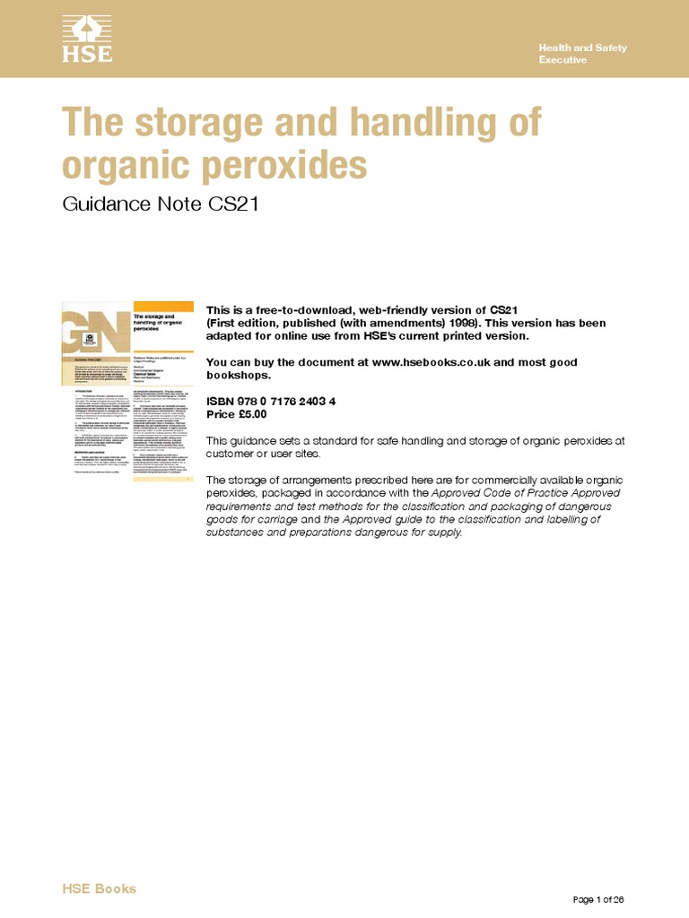 The Storage and Handling of Organic Peroxides Guidance Note CS21 | Download Free PDF | Dangerous ...