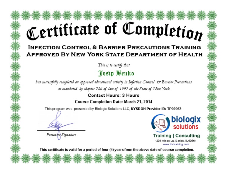 Josip Benko - Nys Infection Control Barrier Precautions Certificate 3 ...