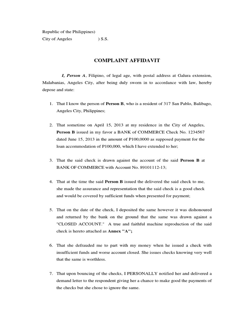Complaint Affidavit | PDF | Cheque | Affidavit
