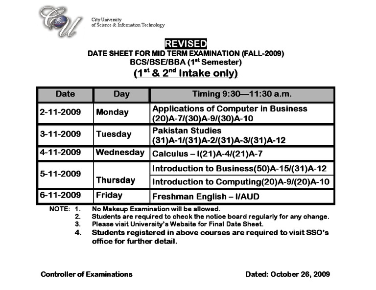 City University Midterm Exam Timetable | PDF