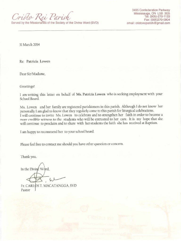 Pastoral Reference Letter DPCDSB | PDF