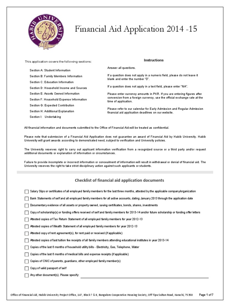 Financial Aid Application Form | PDF | Student Financial Aid In The ...