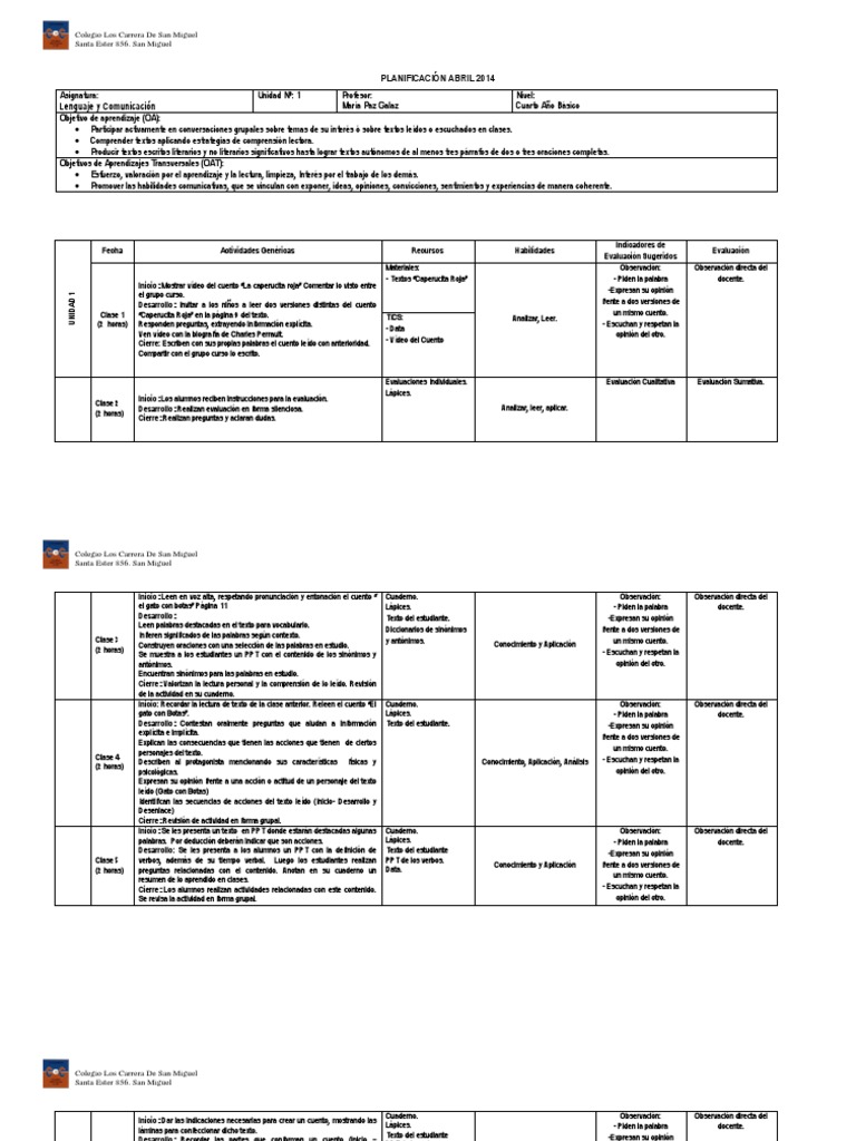 Planificación Abril 2014 Cuarto Básico | PDF | Lectura (proceso) | Cuentos