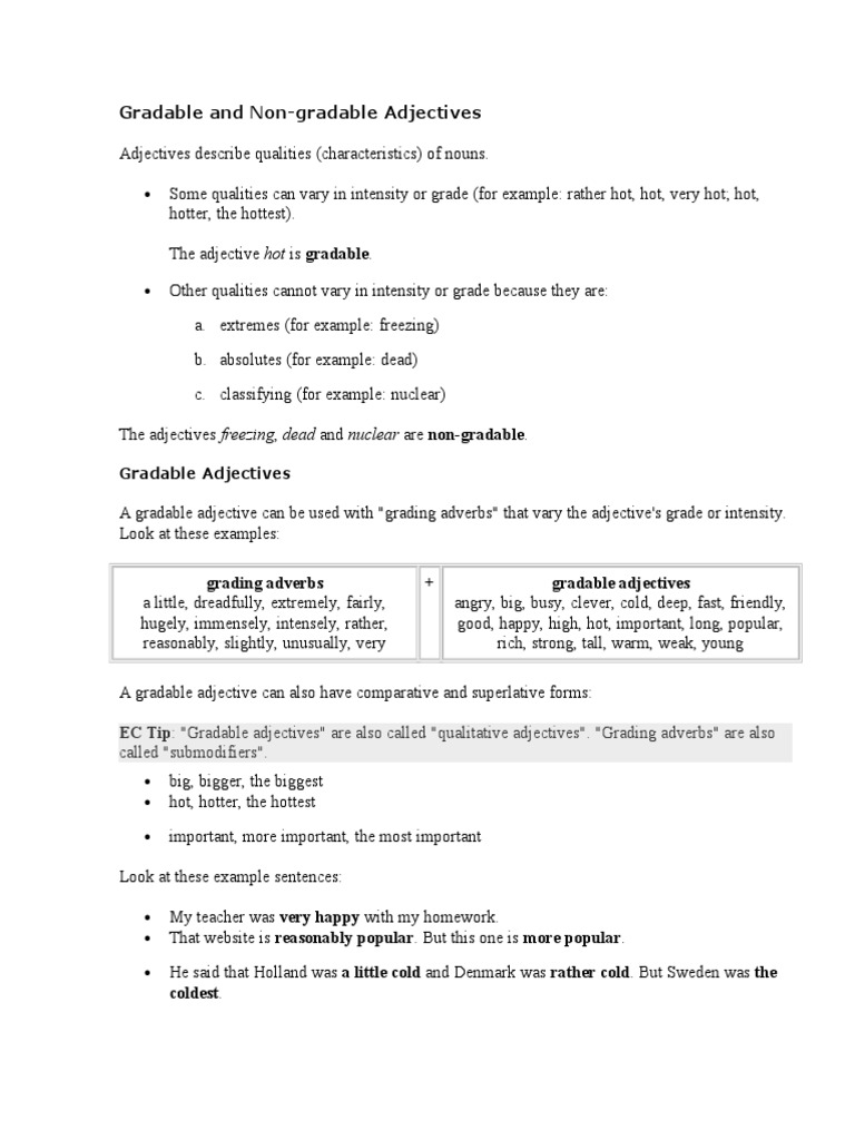 Gradable and Non Gradable Adjectives | PDF | Adjective | Adverb