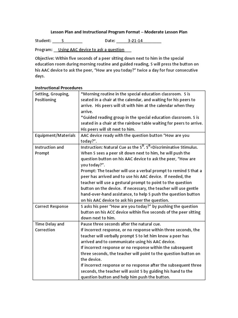 Lesson Plan and Instructional Program Format Moderate Lesson Plan | PDF ...